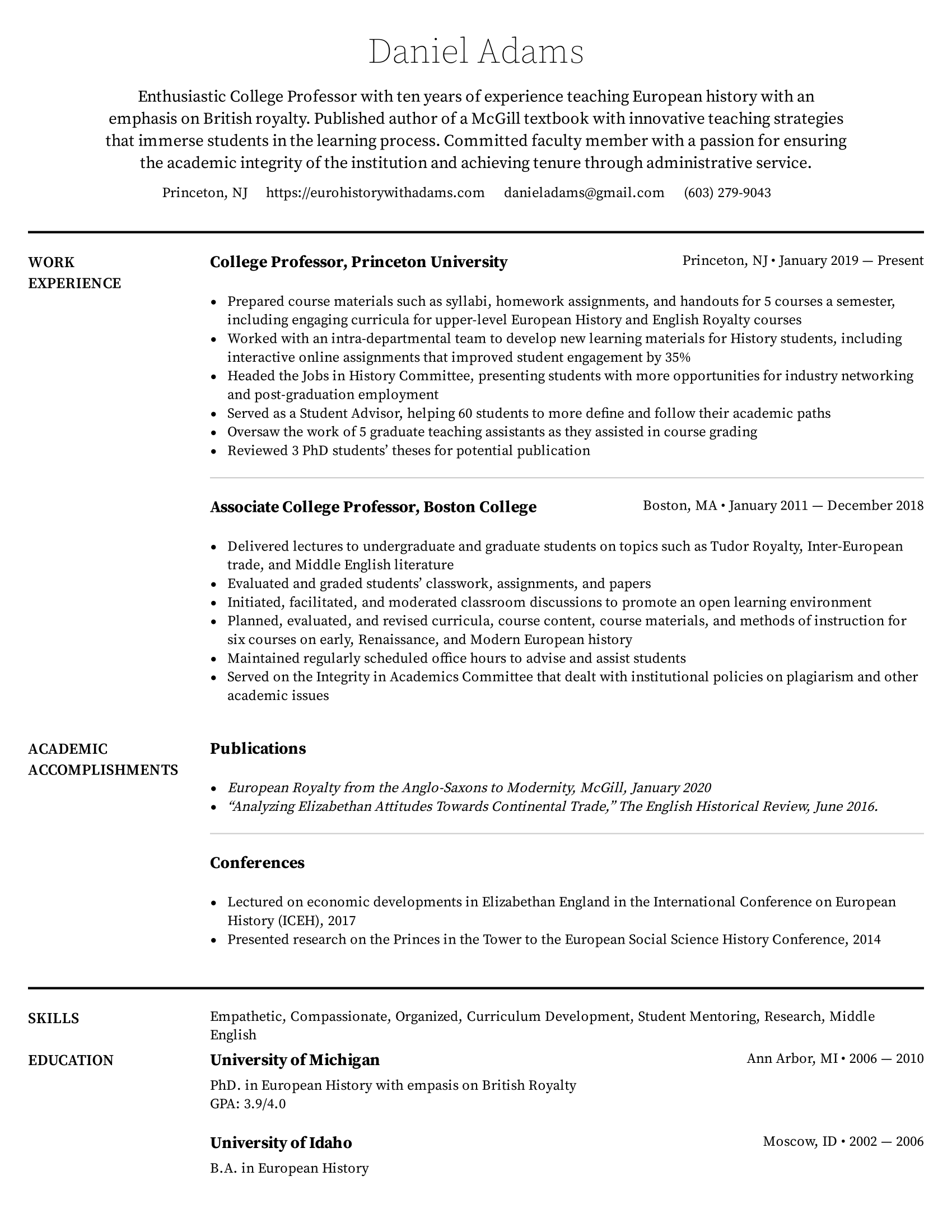 College Professor Resume Example Writing Tips For 2022